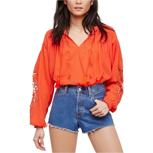 Free People | Tops | Free People Womens Tropical Summer Knit Blouse Red ...